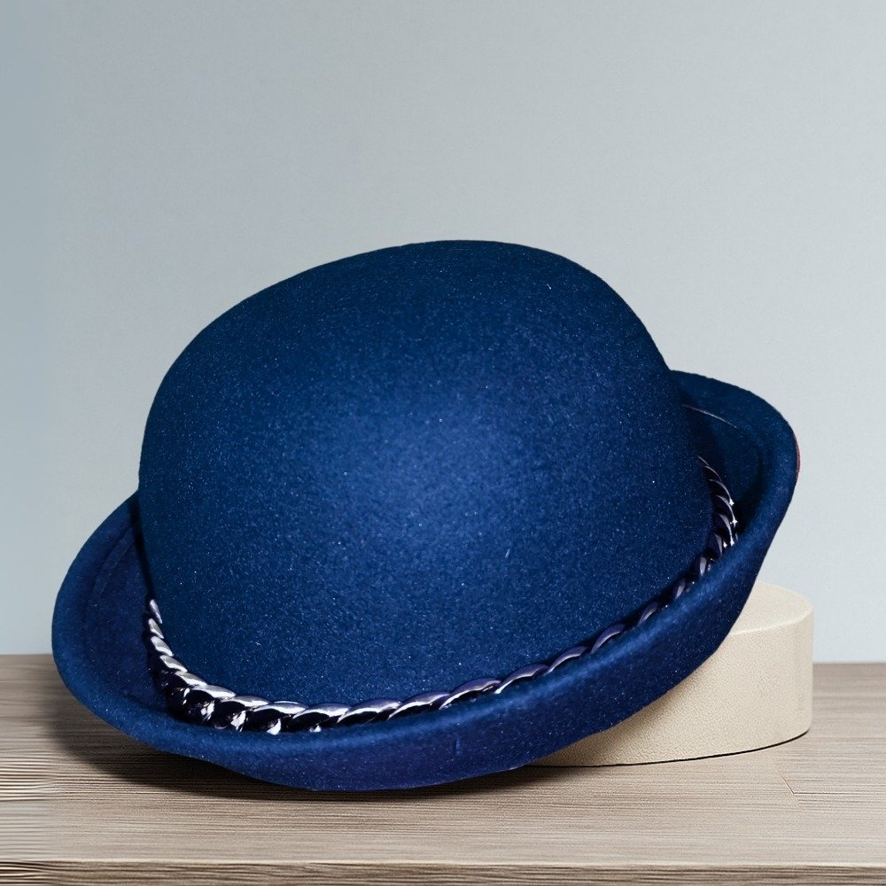 Wool Felt Bowl Hat With Chain - Navy Blue - Taroov